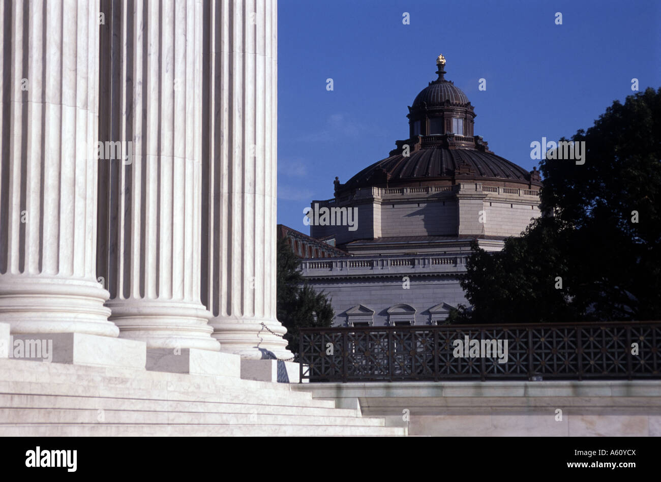 Supreme Court steps and Library of Congress building dome, Washington D ...