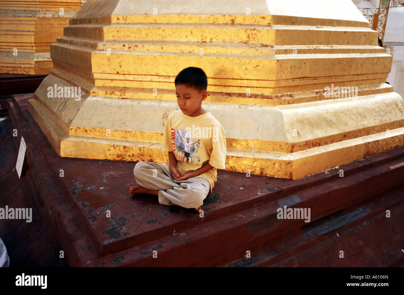 young burmese at meditation in the Shwedagon-pagoda, Burma, Yangon ...