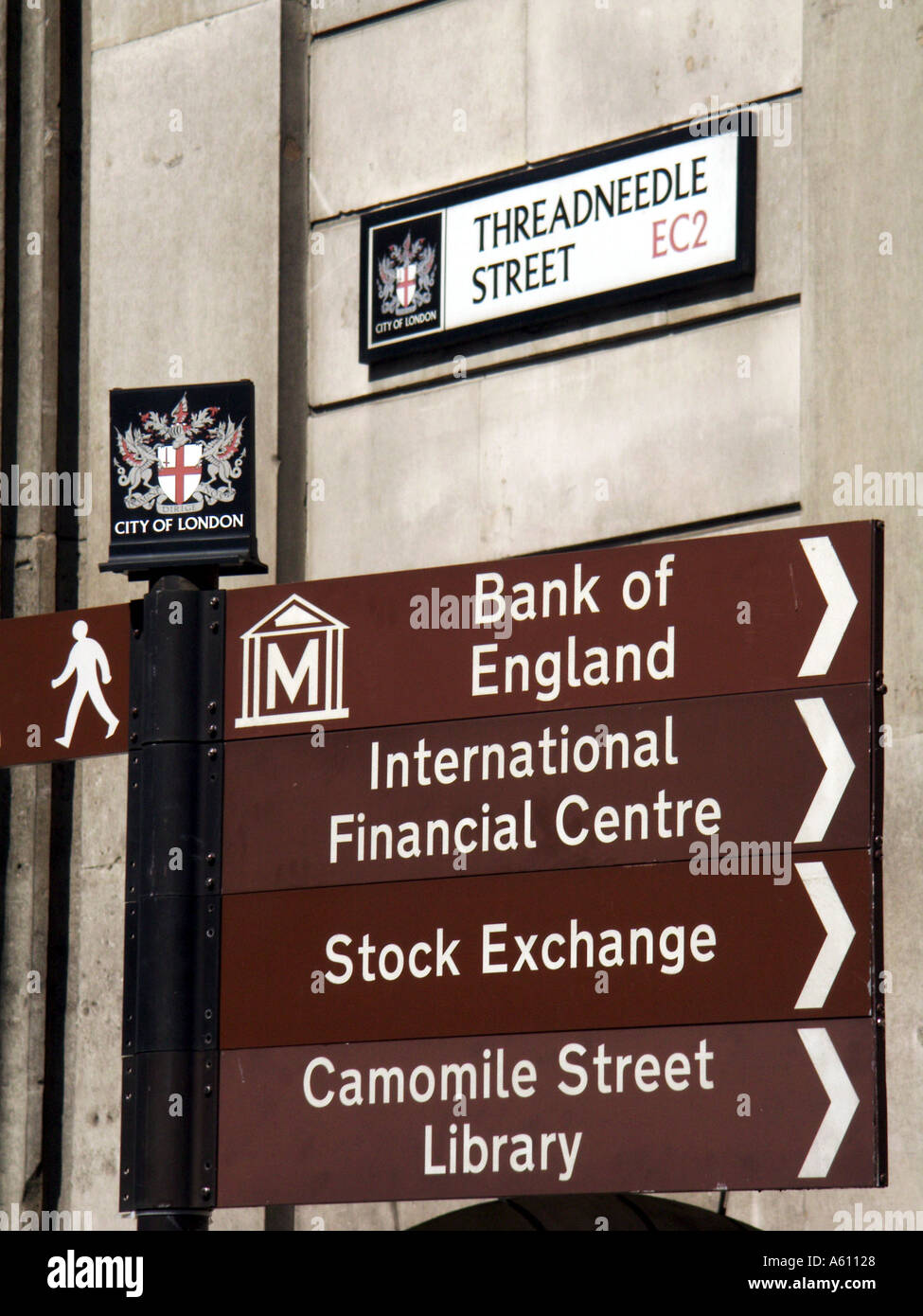 Threadneedle Street in the City of London financial district sign post ...