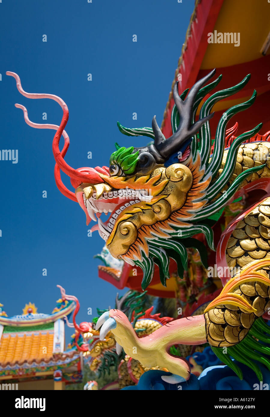Newly painted ornate carved wooden golden Chinese painted mythological ...
