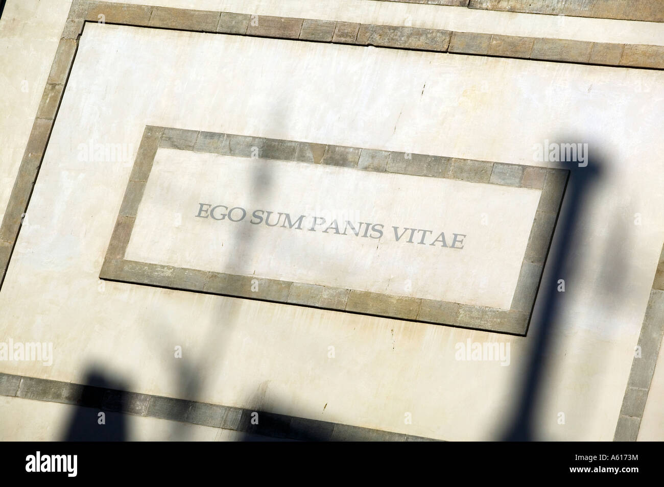 Latin text Ego Sum Panis Vitae inscribed in stone on wall Born district ...