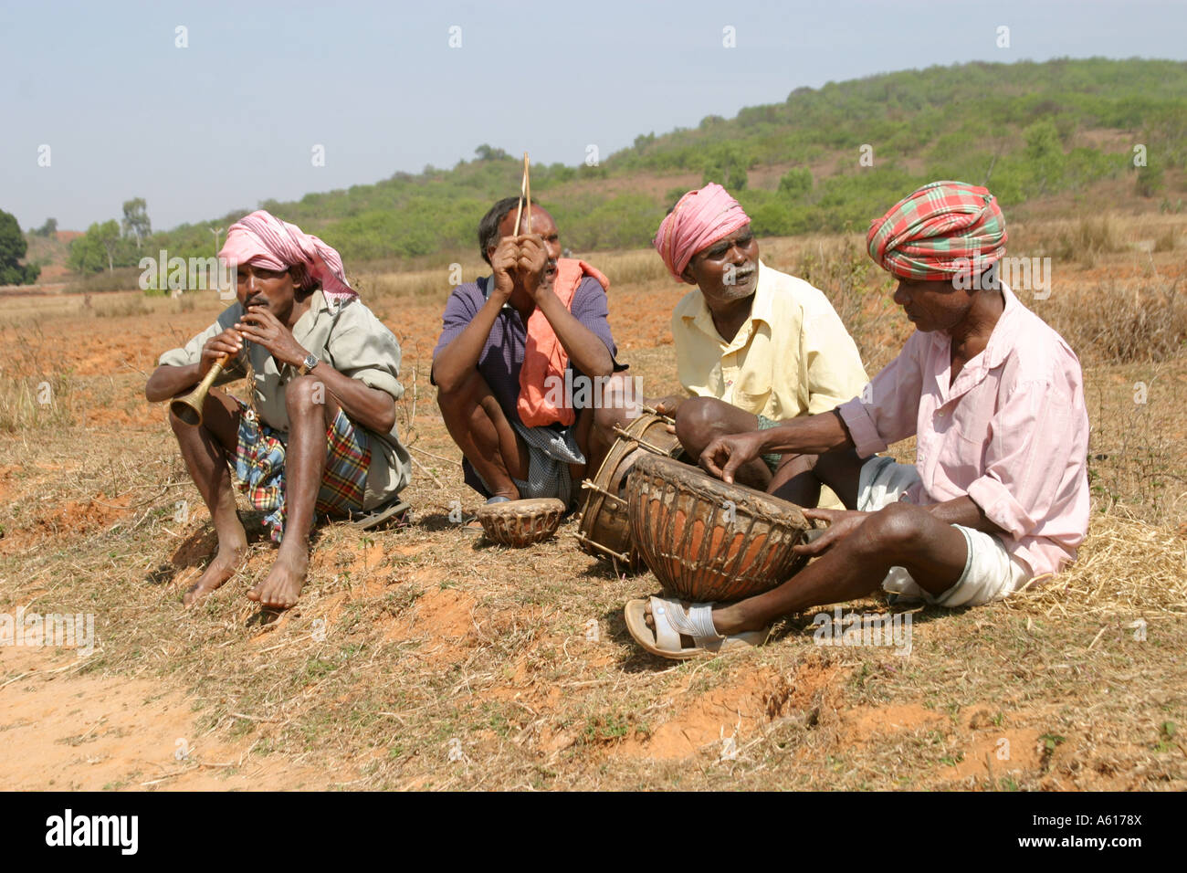 Gadaba tribal men's band playing their traditional instruments in ...