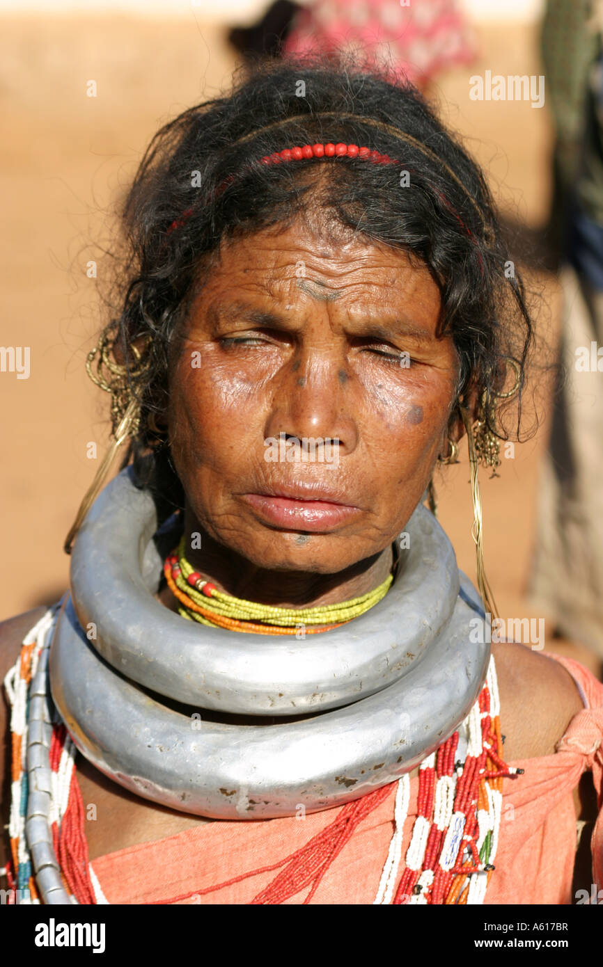 Gadaba tribal woman wearing traditional heavy metal necklaces and ...