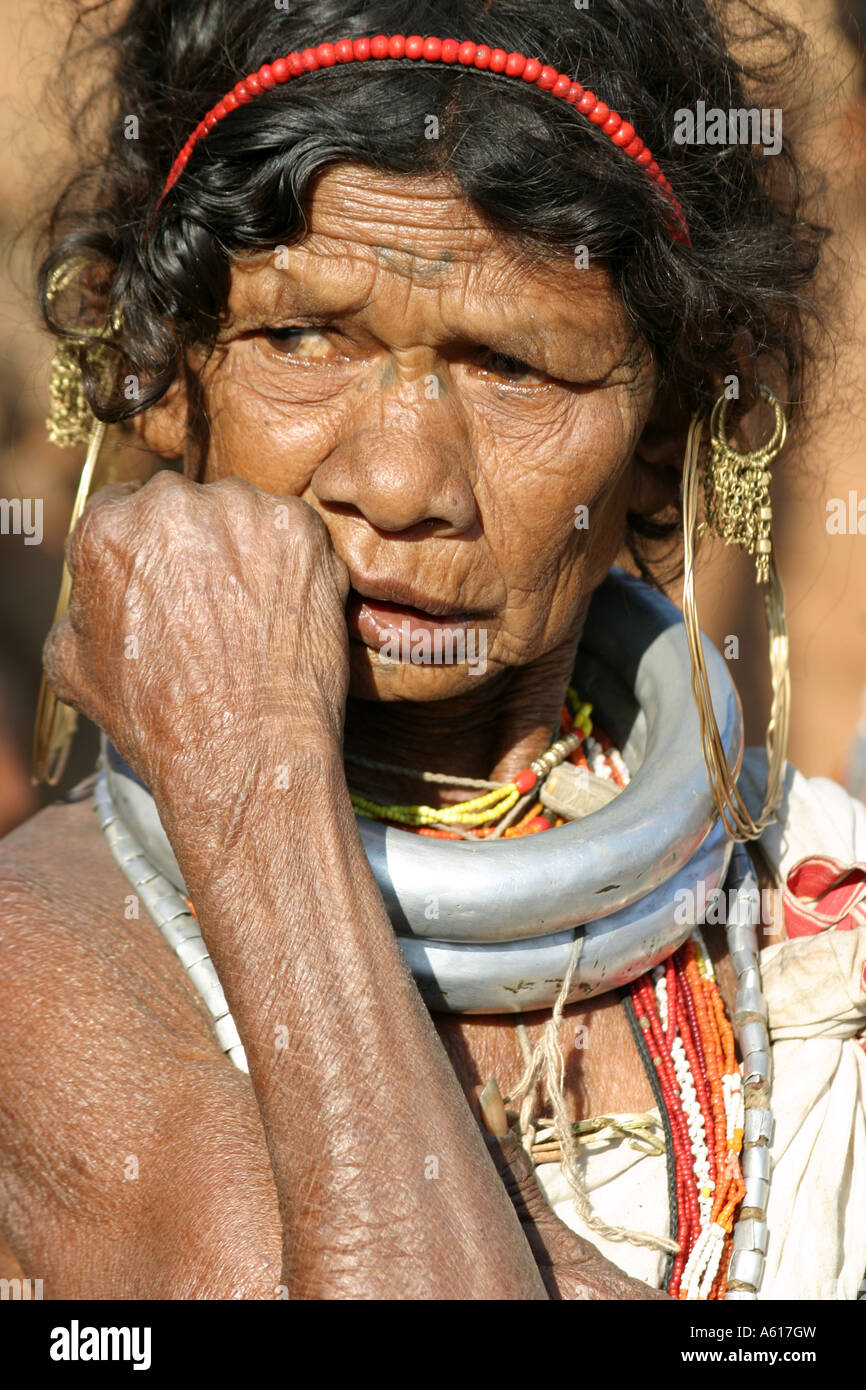 Heavy necklac worn by the women of the Gadaba tribe.Orissa India Stock ...