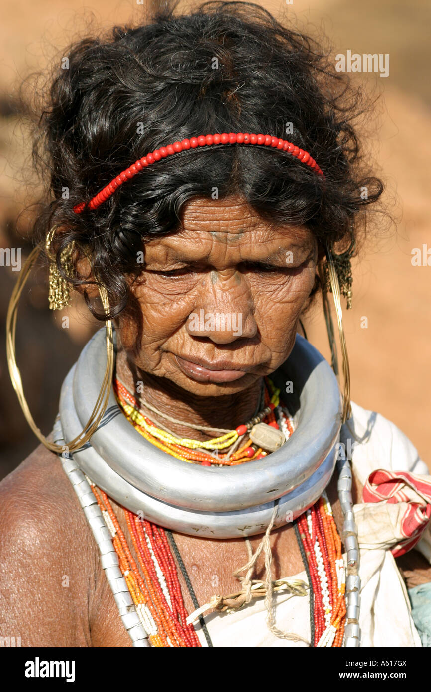 Heavy necklac worn by the women of the Gadaba tribe.Orissa India Stock ...