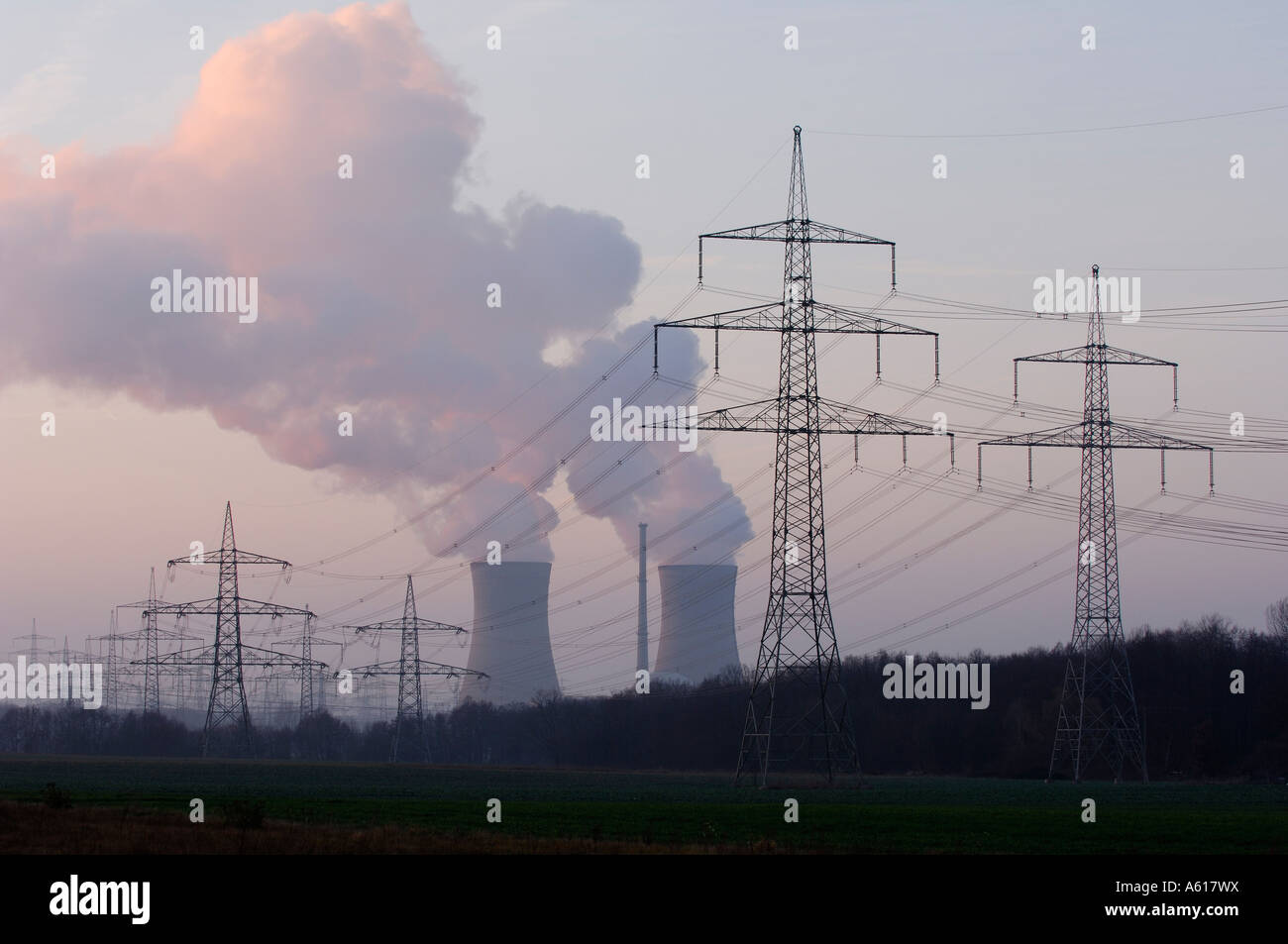 Nuklear power station with power lines, Grafenrheinfeld, Unterfranken ...
