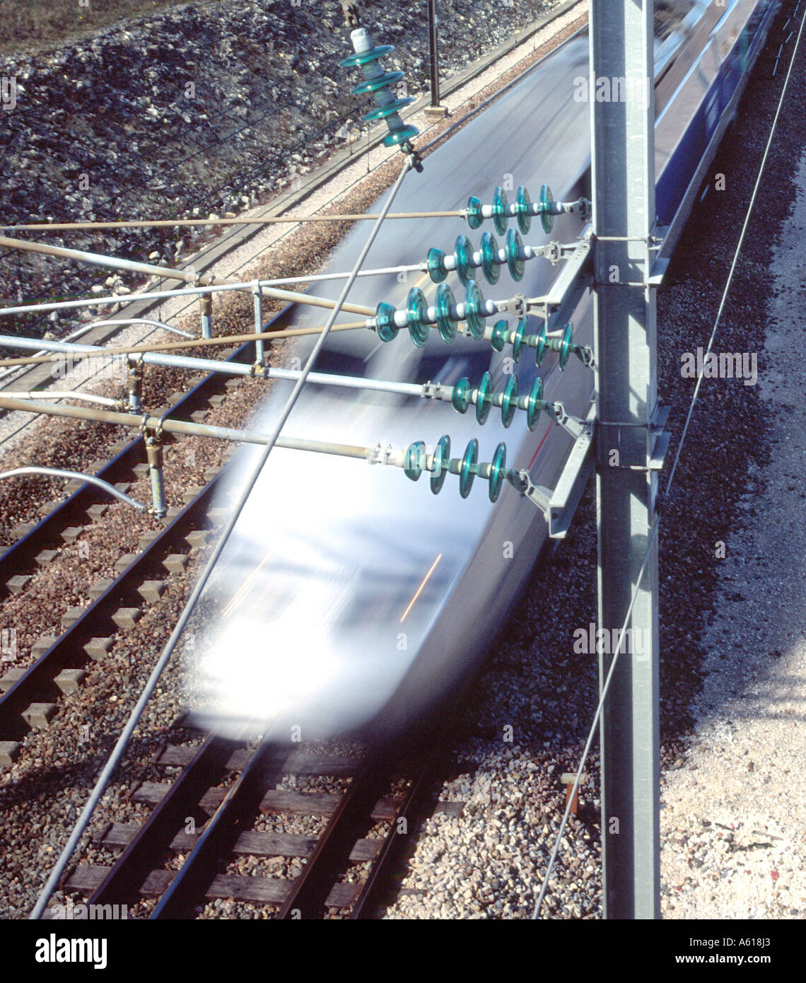 High angle view of bullet train in motion on track Stock Photo - Alamy