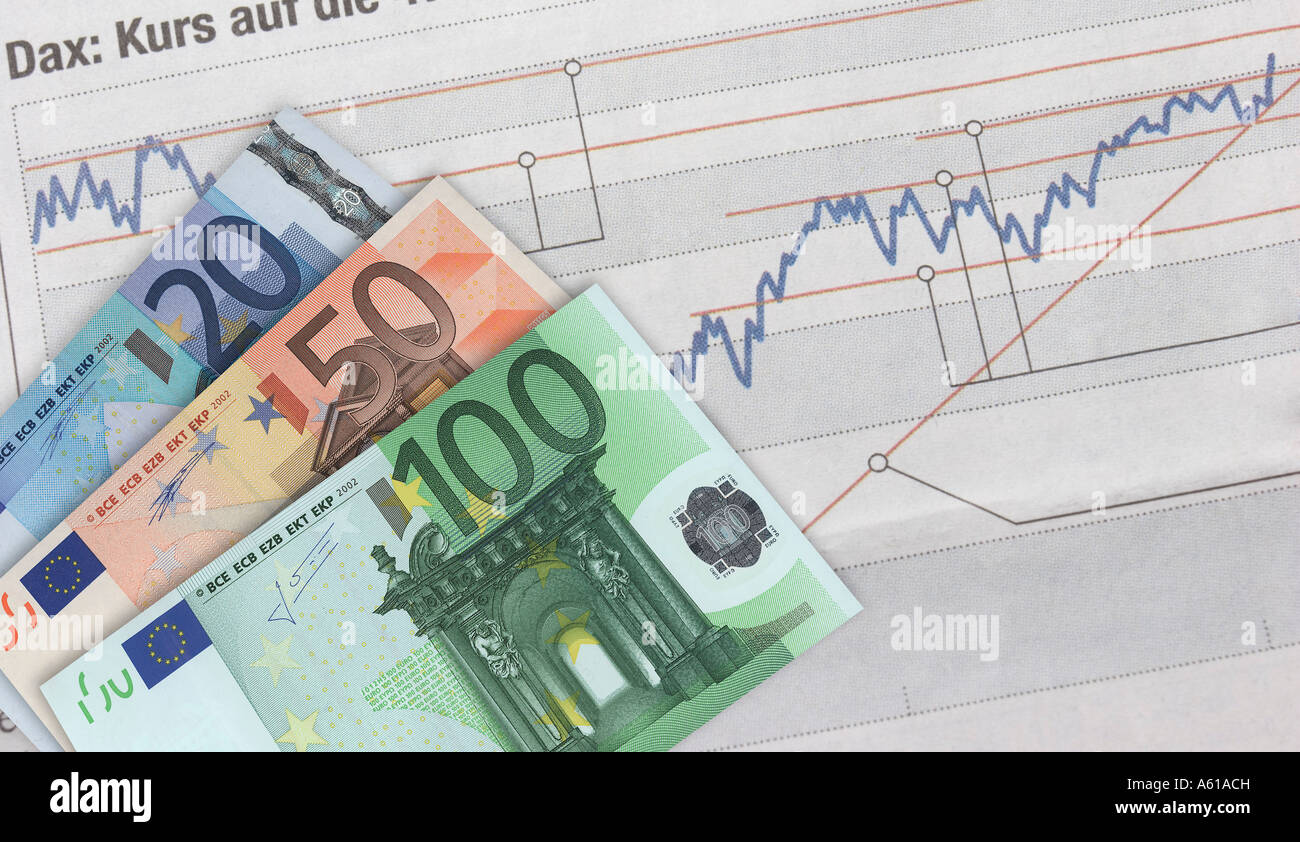 Euro notes on a drawn shares chart Stock Photo - Alamy