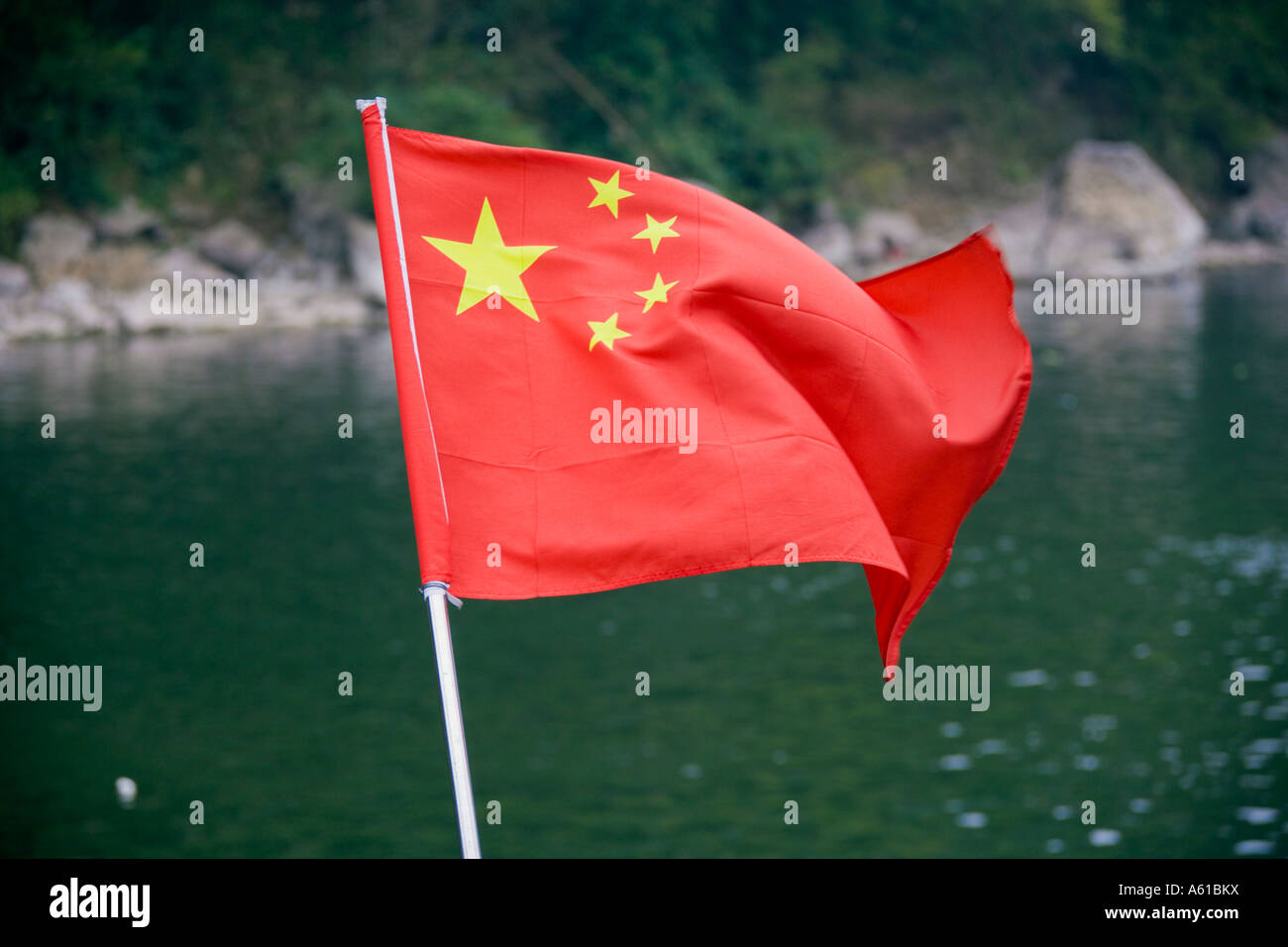 Chinese flag on boat on Li River Guilin Guangxi Zhuang autonomous ...