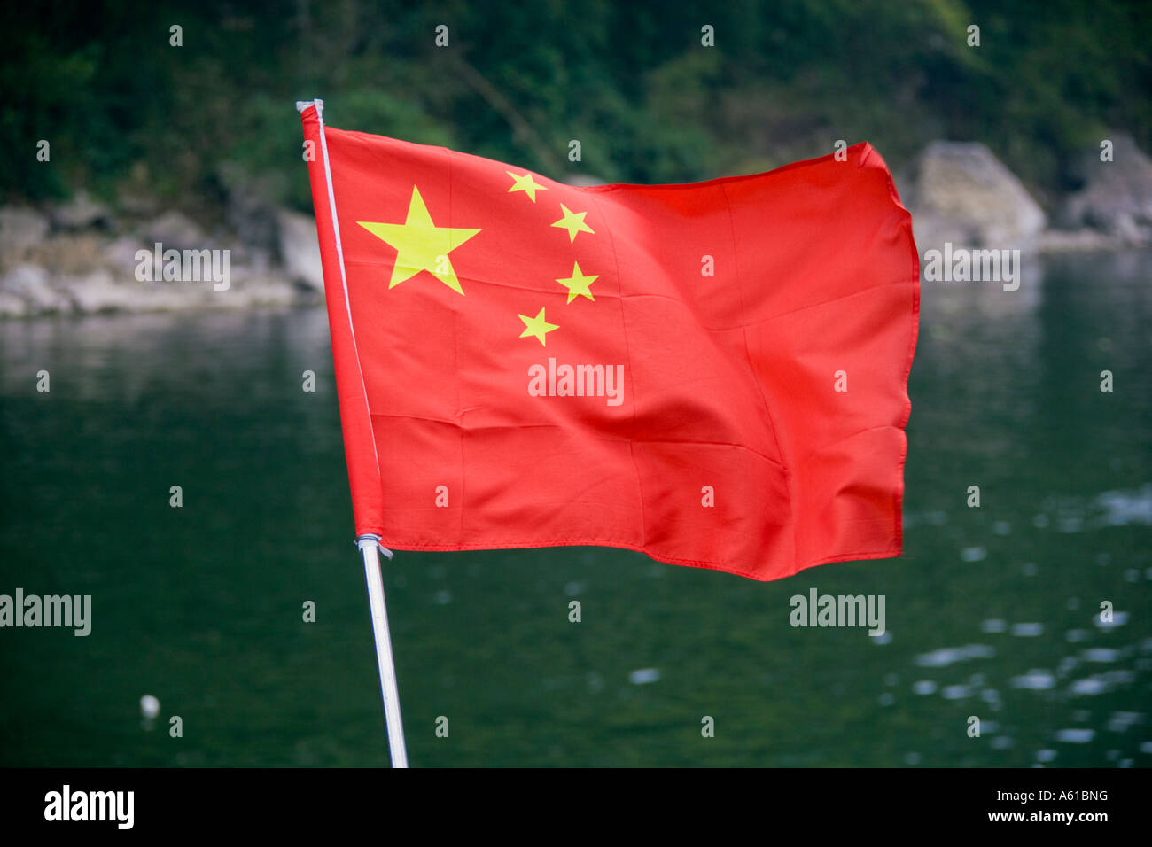 Chinese flag on boat on Li River Guilin Guangxi Zhuang autonomous ...