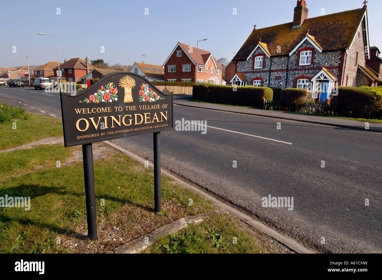 Signpost on road leading to Ovingdean village near Brighton East Sussex ...