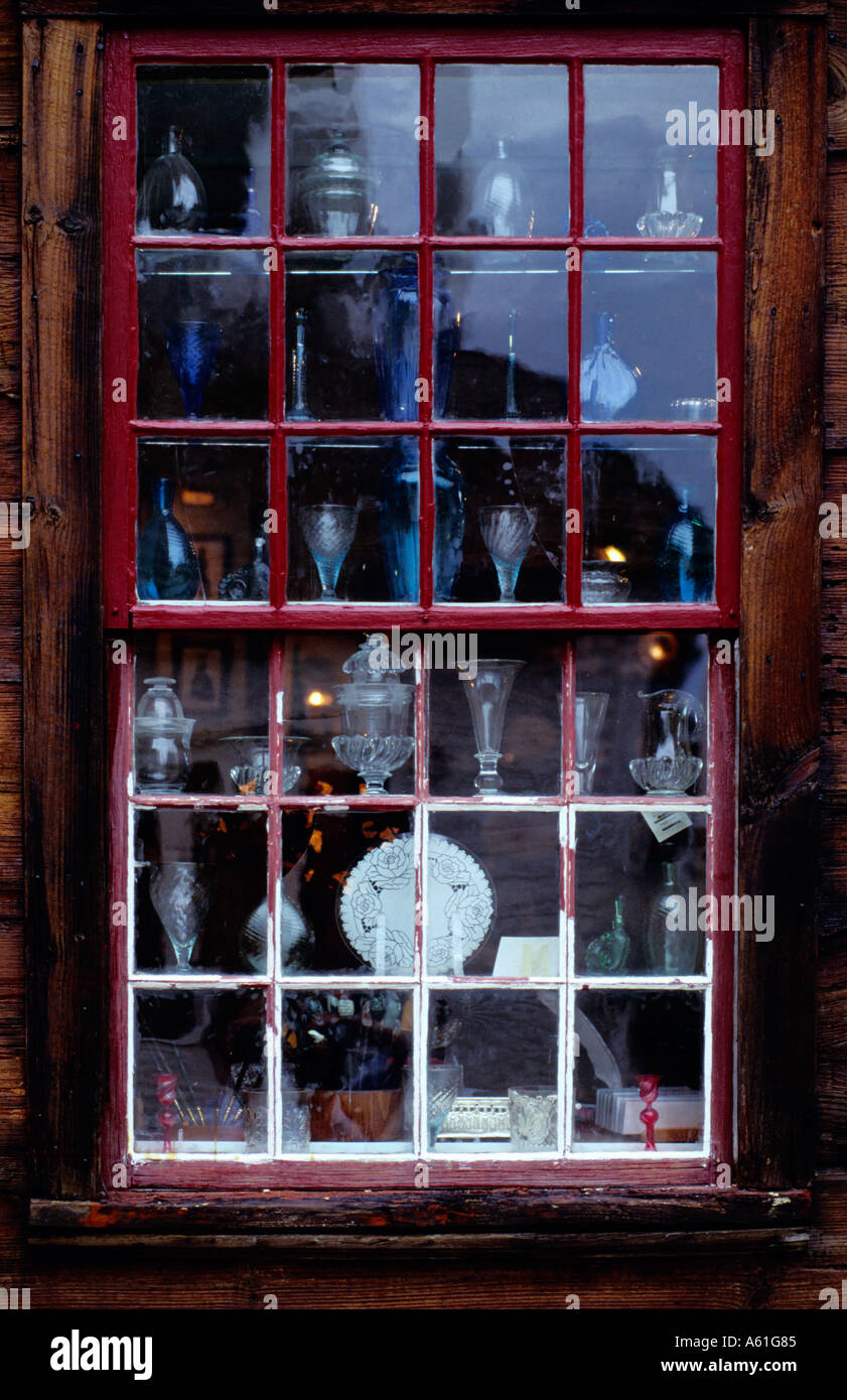 Glass vases in an antique store window. Deerfield, Franklin County ...