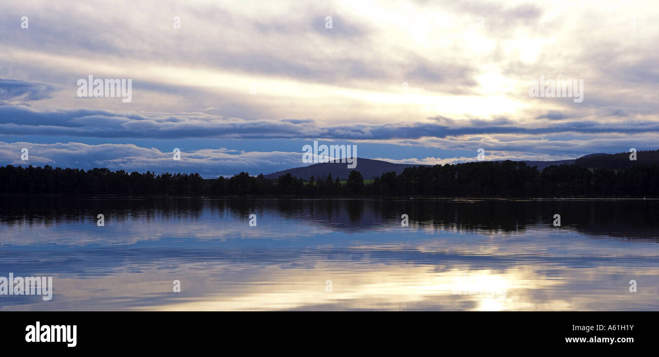 Panoramic image of a winter sunset over Loch of Skene, Aberdeenshire ...