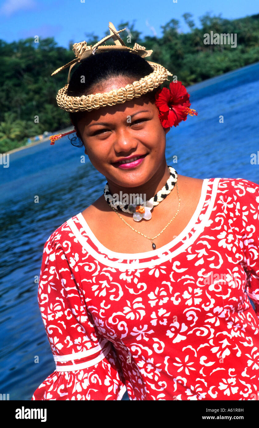 Colorful dancer in costume in Tahiti in French Polynesia in the South ...
