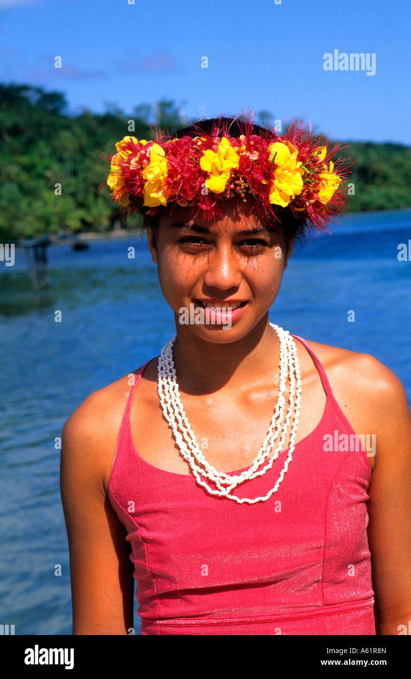 Colorful dancer in costume in Tahiti in French Polynesia in the South ...