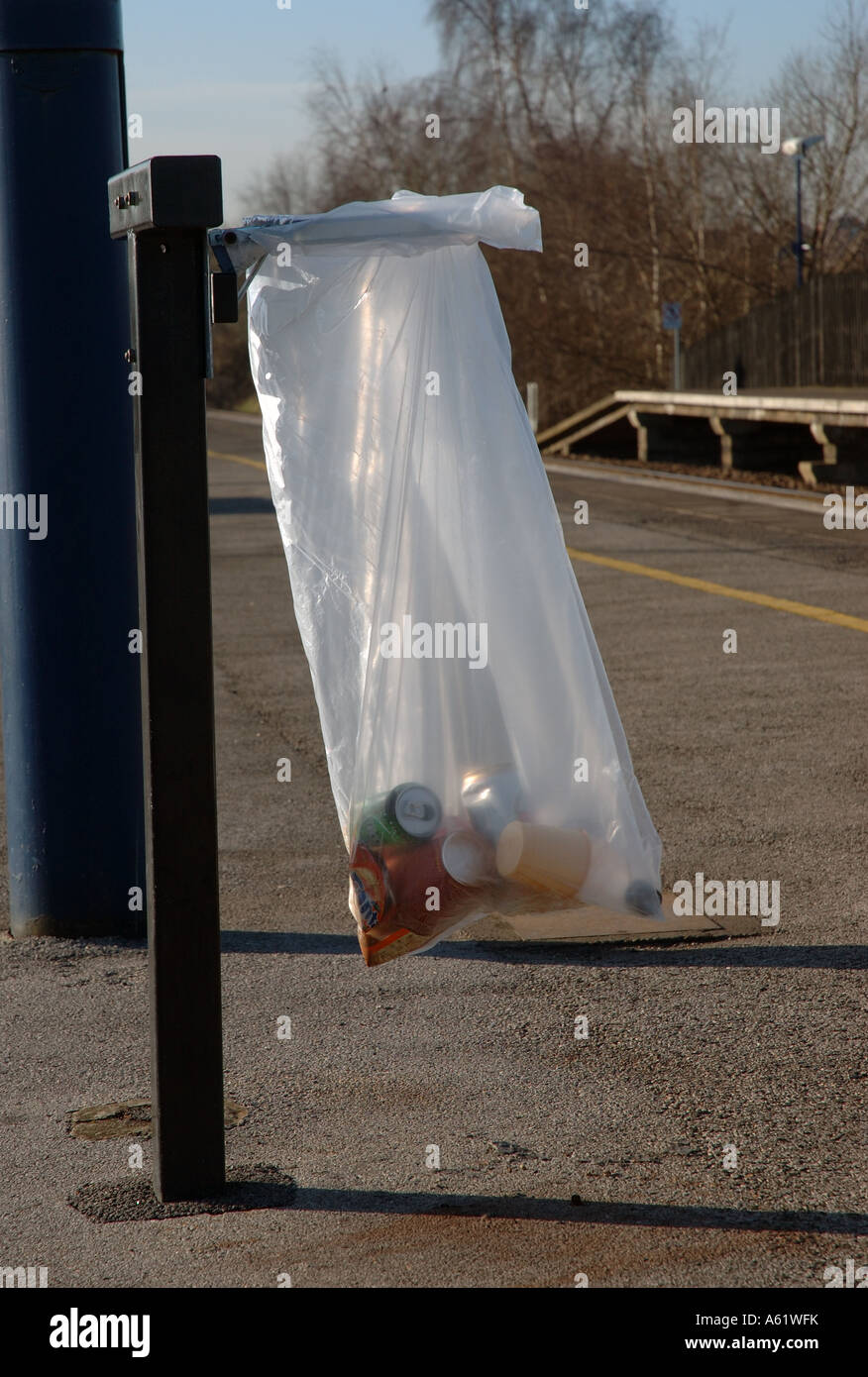 Transparent waste bin, railway station Swinton, South Yorkshire ...