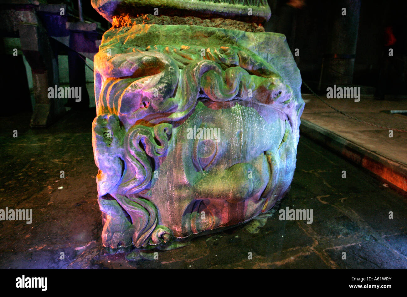 Medusa head as a column base in underground cistern. The Basilica ...