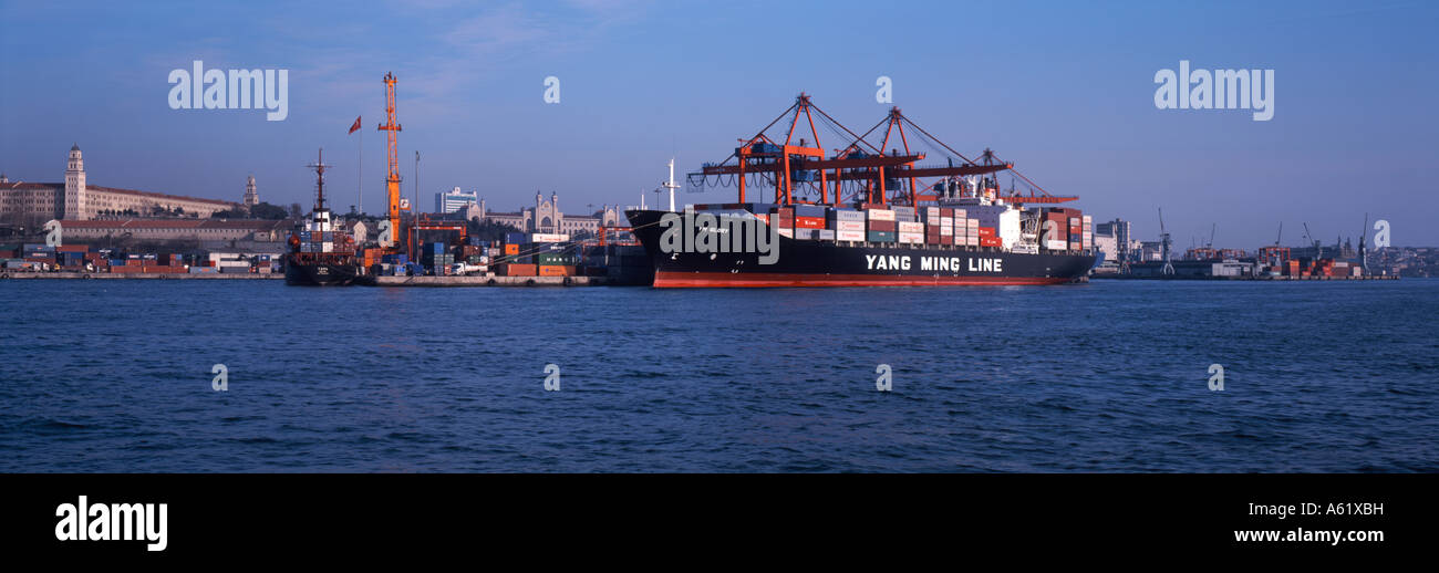 Cargo ship loading and unloading containers at the freight terminal ...