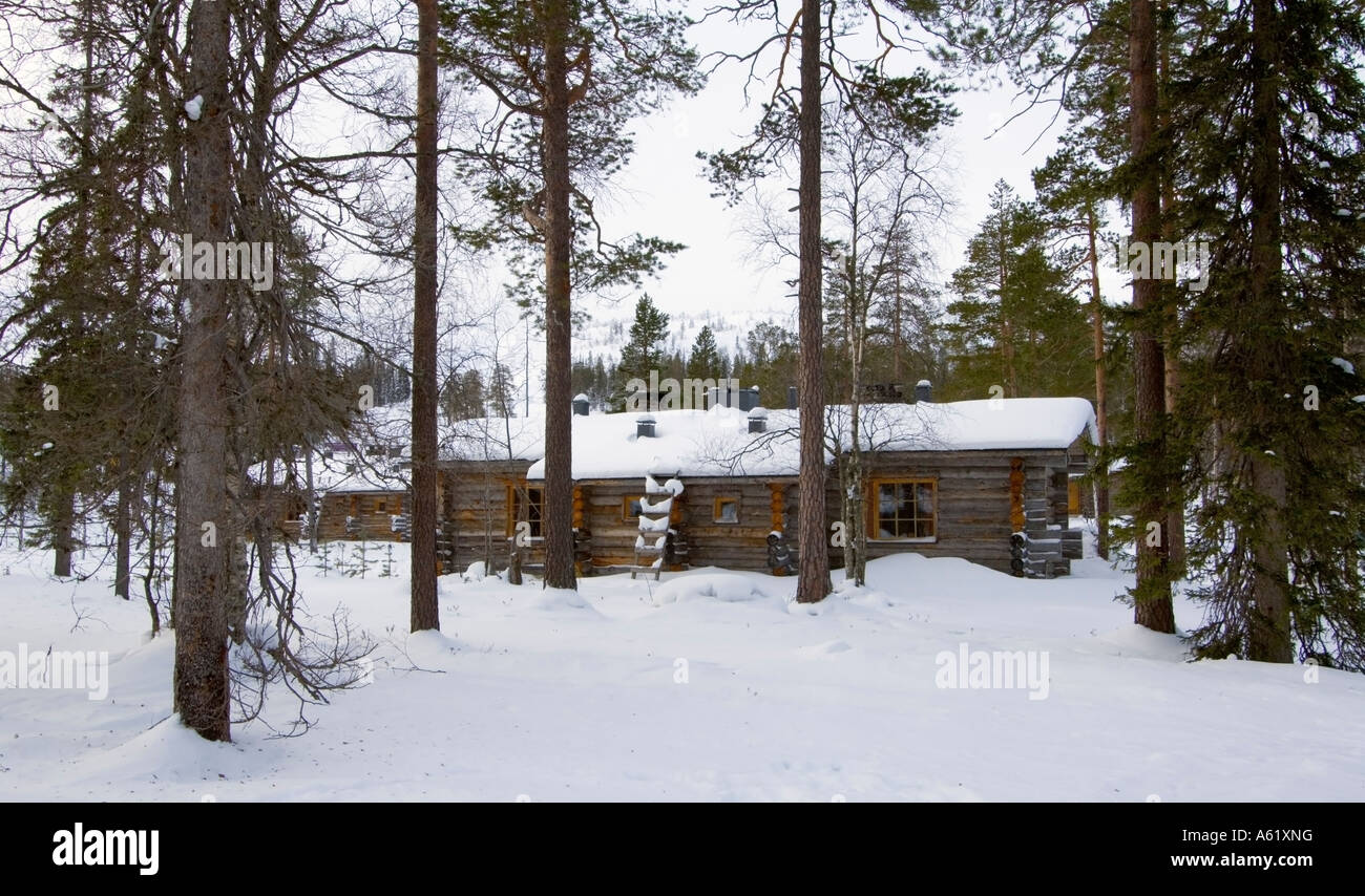 View of typical log cabins at Luosto, Lapland, Northern Finland, Europe ...