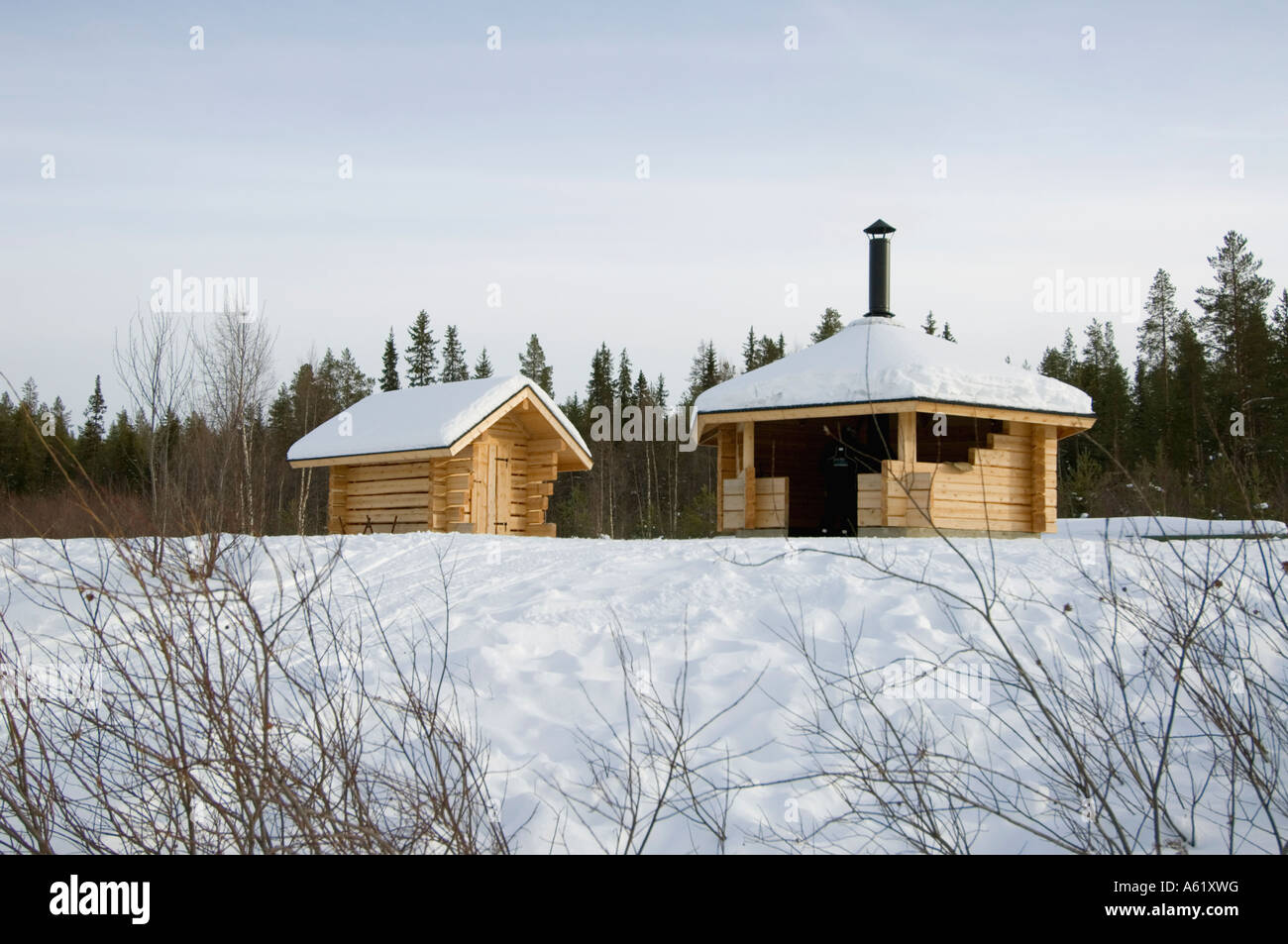 Typical Finnish log cabins, Luosto, Lapland, Northern Finland, Europe ...