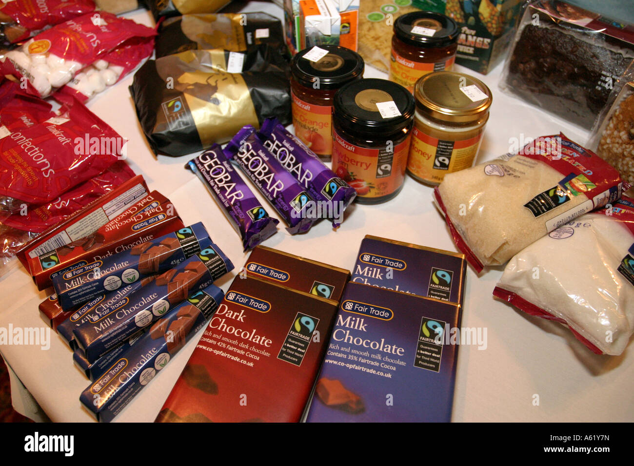fair trade goods on sale including geo bars and chocolate Stock Photo ...