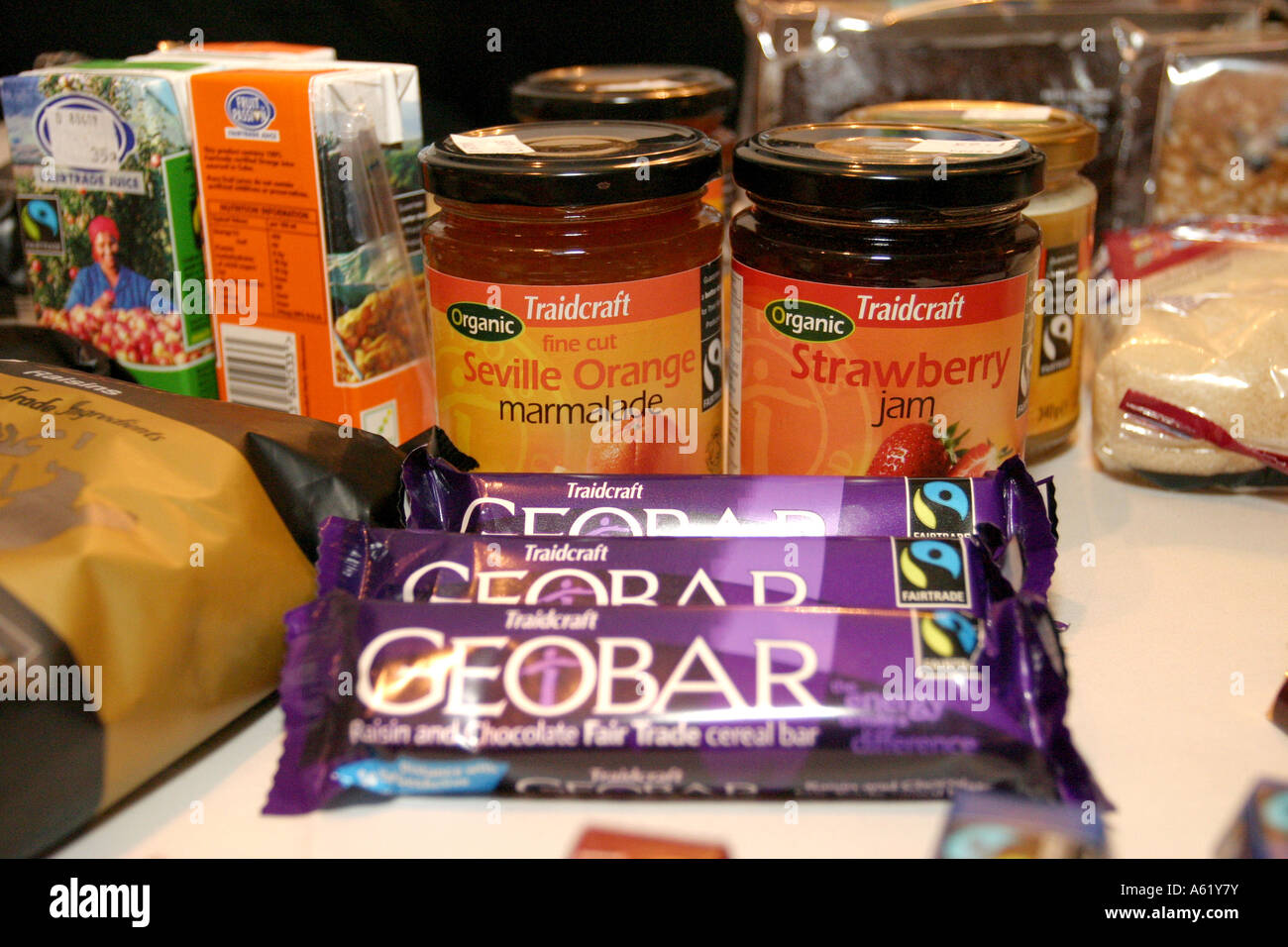 fair trade goods on sale including geo bars Stock Photo - Alamy