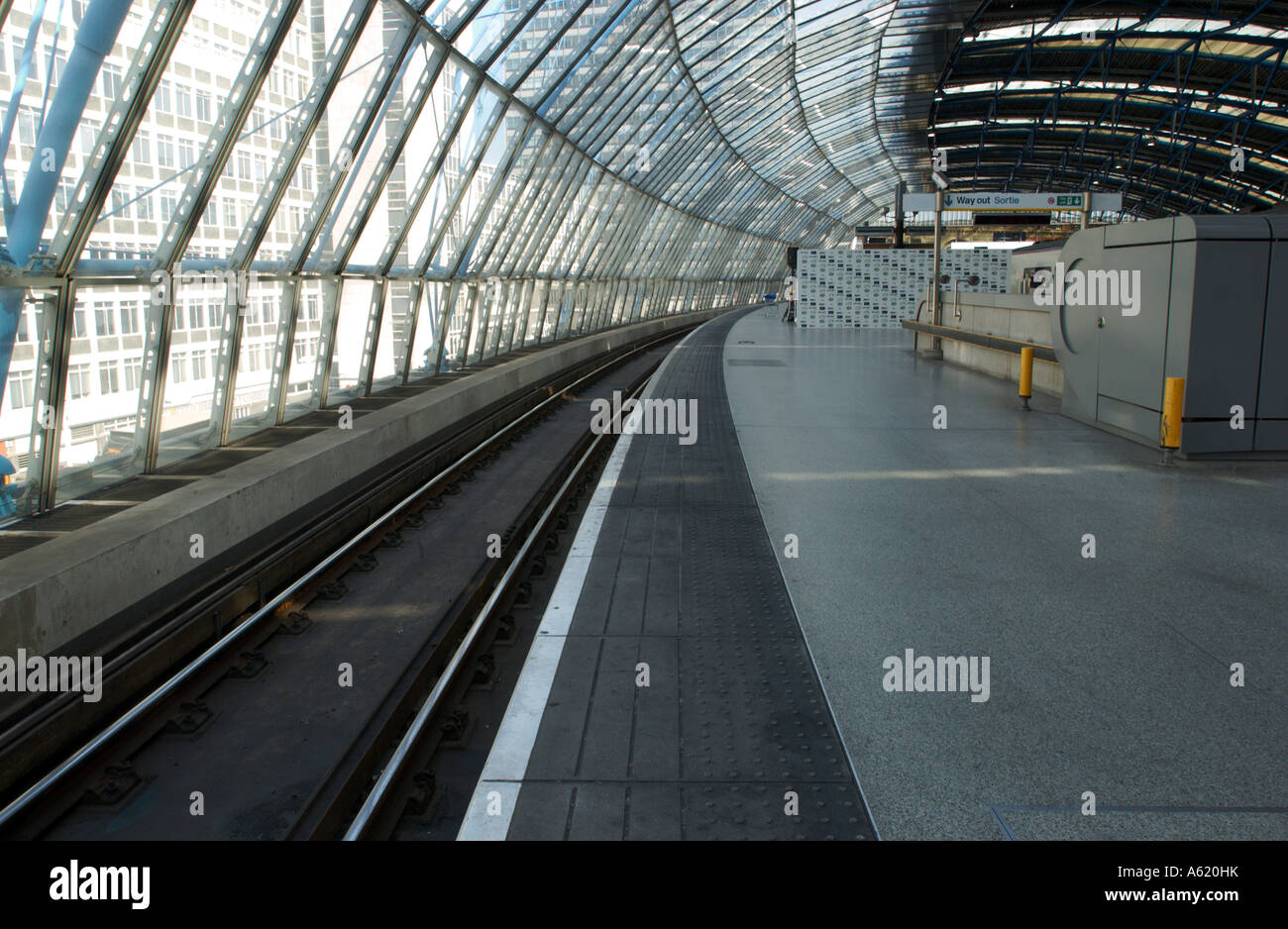 Building detail showing platform, rails and window at Waterloo Station ...