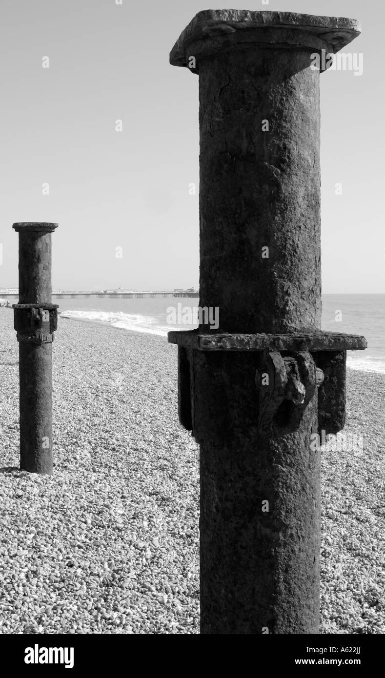 Two remaining iron columns from the wrecked West Pier Brighton Stock ...