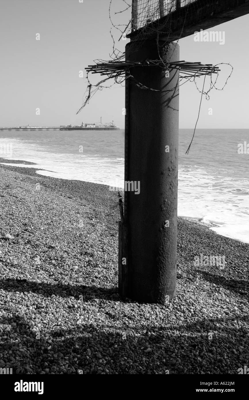 Part of a remaining iron column and girder from the wrecked West Pier ...