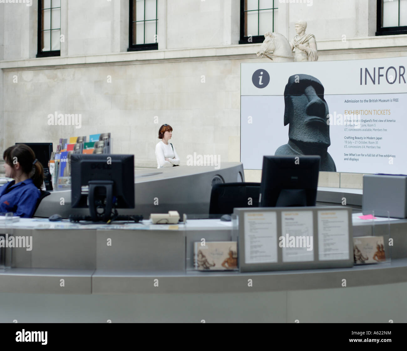 Information desk and clerk in the British Museum London with one woman ...