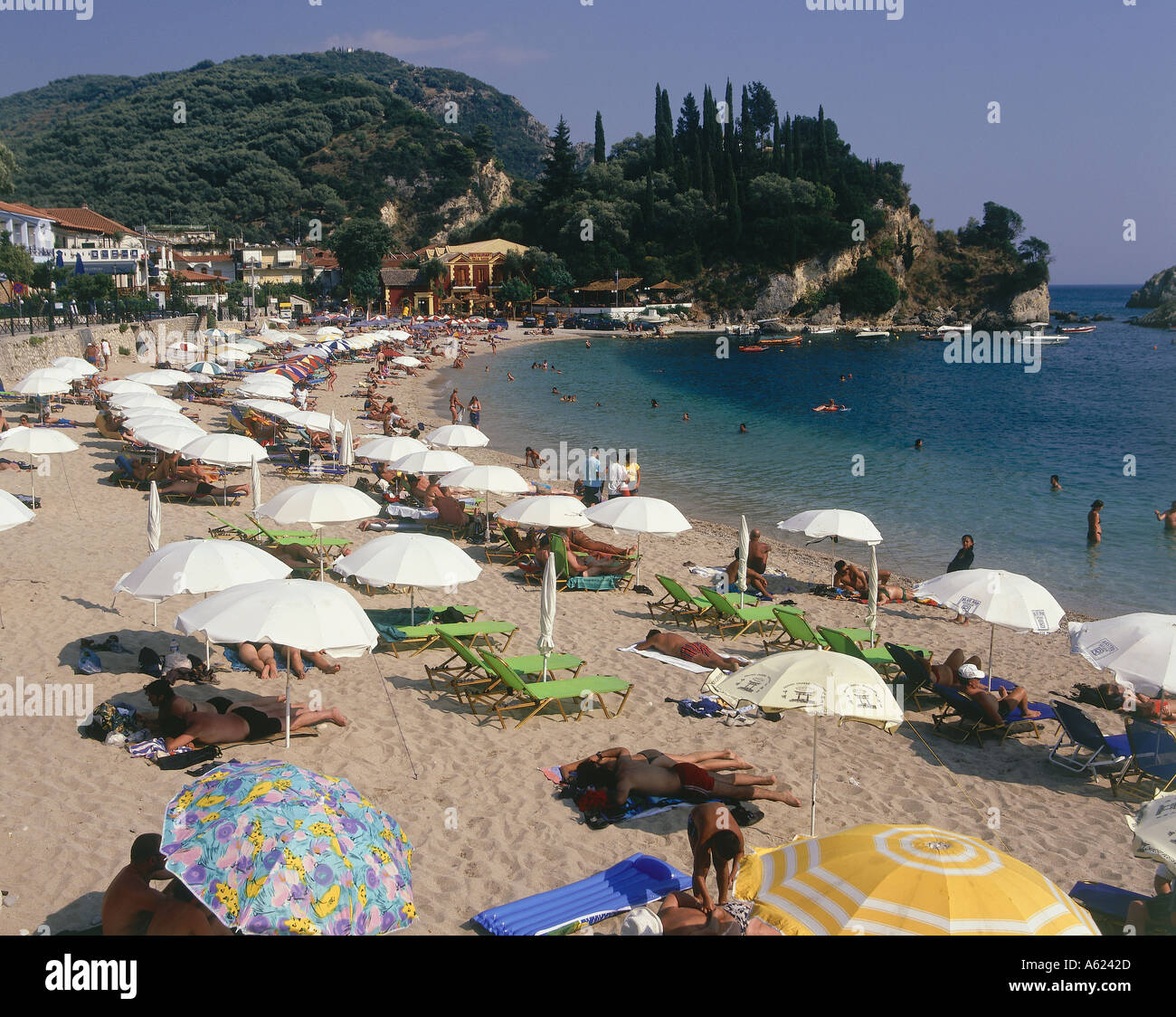 GREECE Epirus Region Parga Krioneri Beach view along busy beach with ...