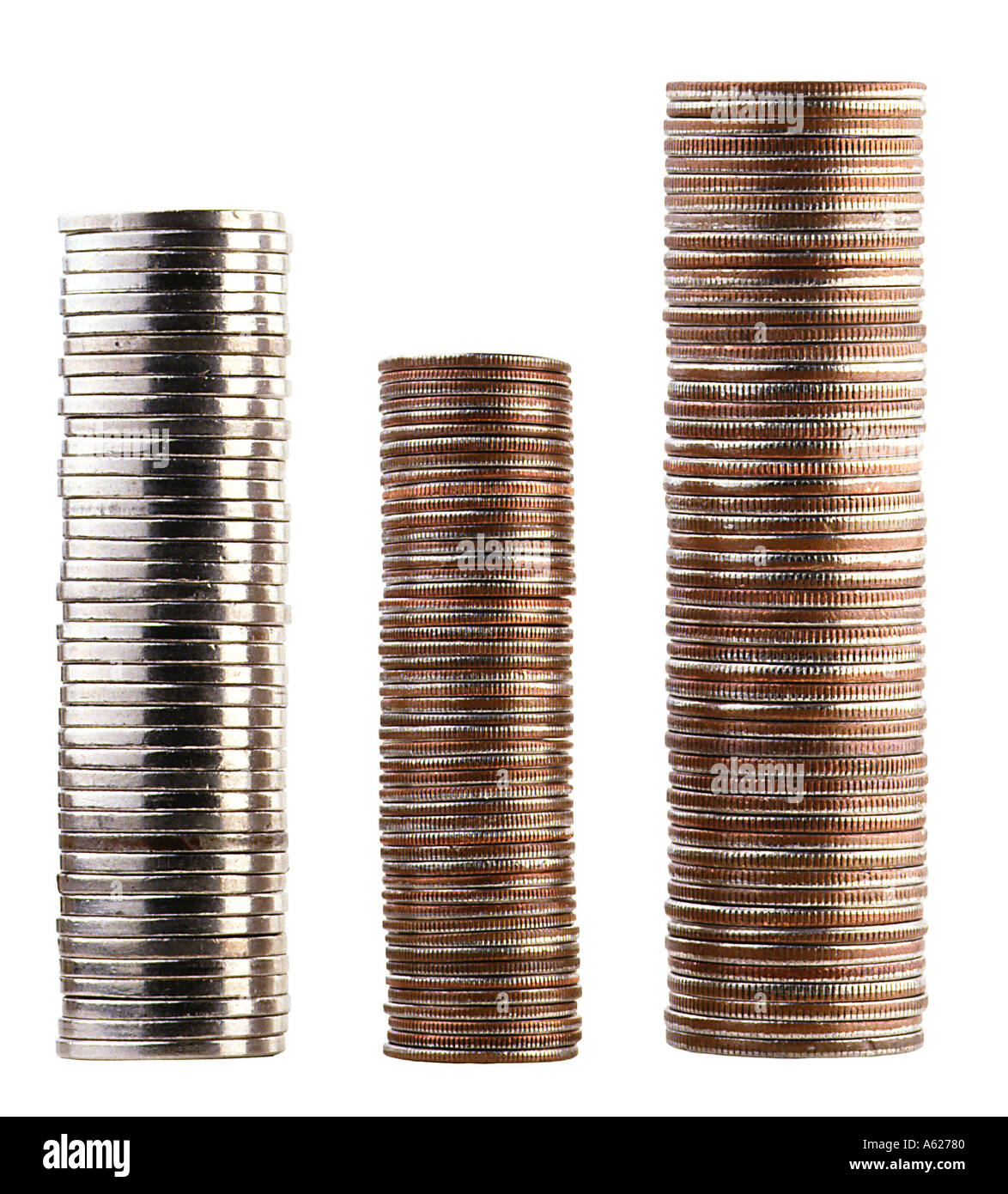 Three stacks of coins side view Stock Photo - Alamy
