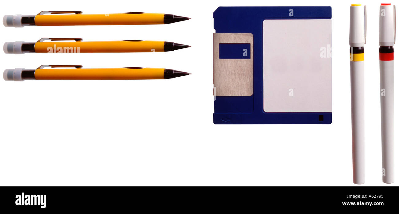 Three drawing pencils with blue floppy disk Stock Photo - Alamy