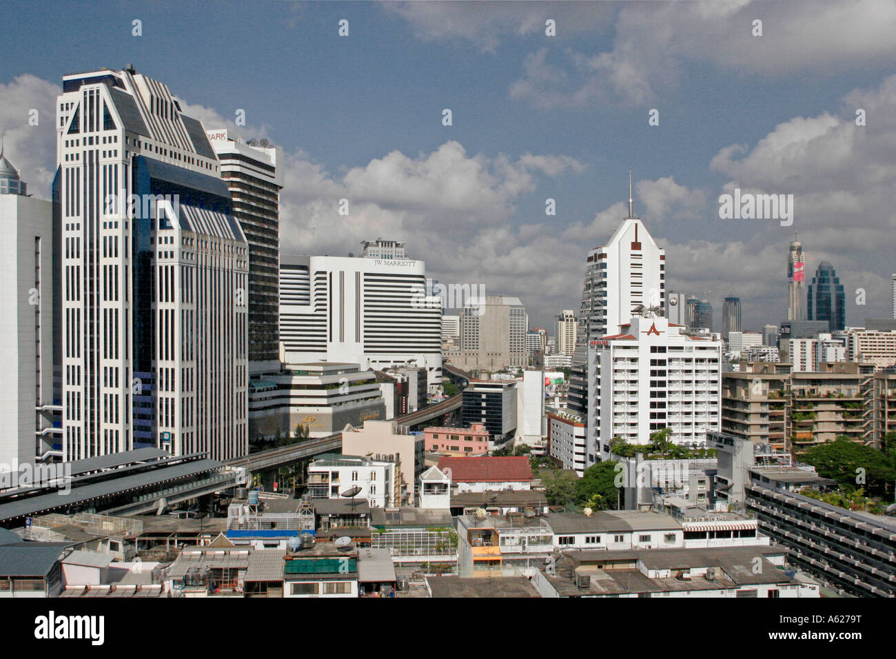 Bangkok city centre skyline with BTS Skytrain station and elevated ...