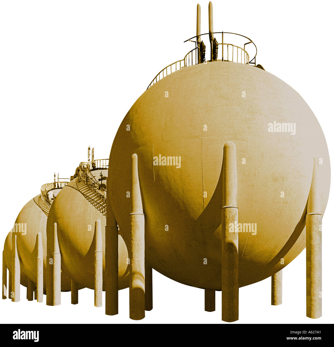 Series of round chemical storage tanks in a row Stock Photo - Alamy
