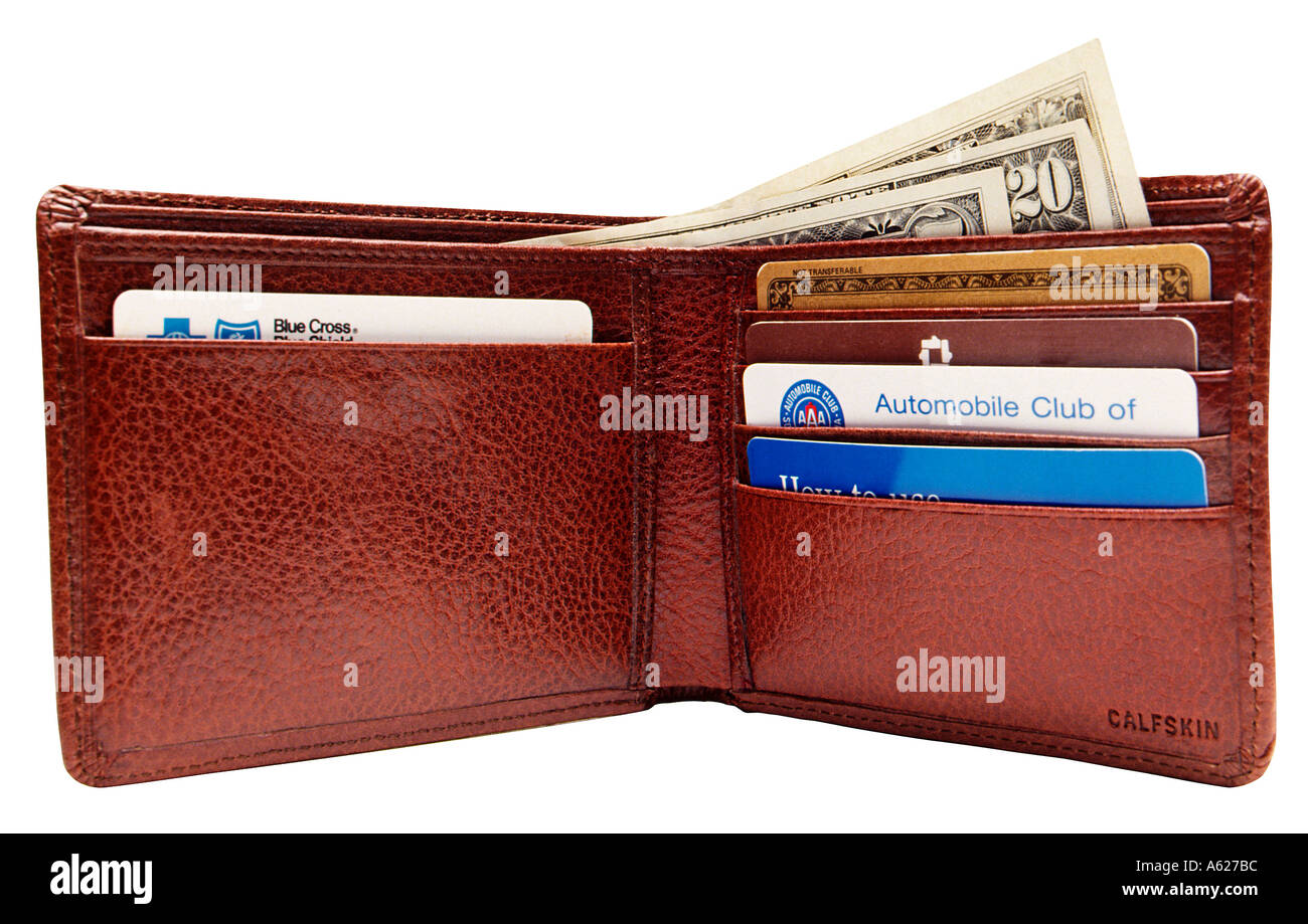 Brown leather wallet opened to show contents Stock Photo - Alamy