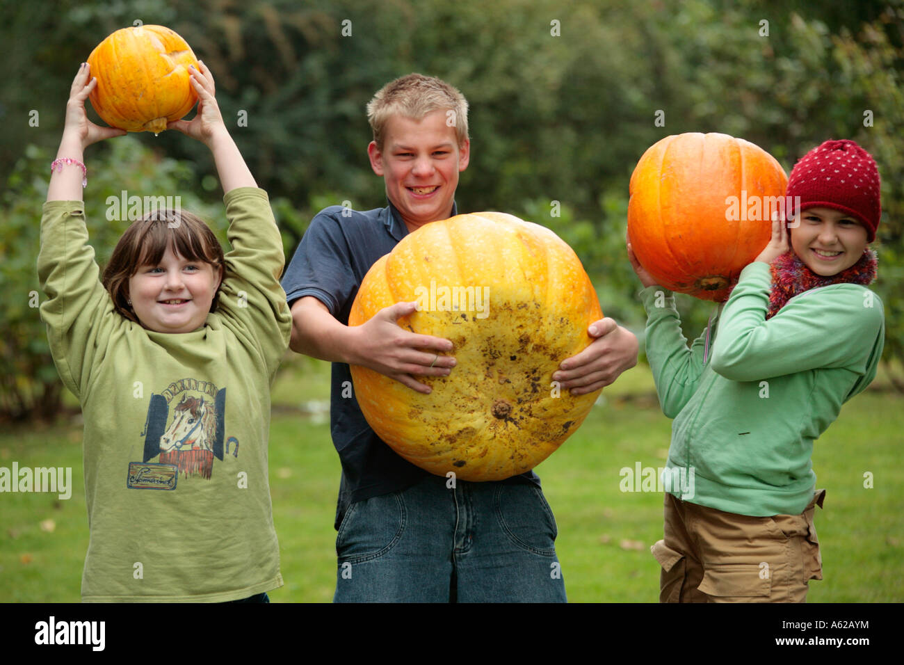 portrait of three happy children lifting pumpkins for fun Stock Photo ...