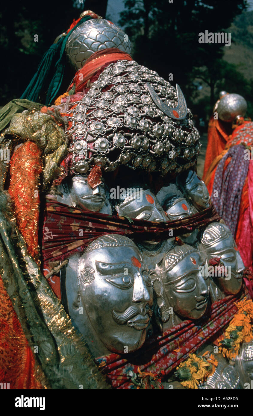 Silver masks Morhas of village God from Kullu are mounted on a ...