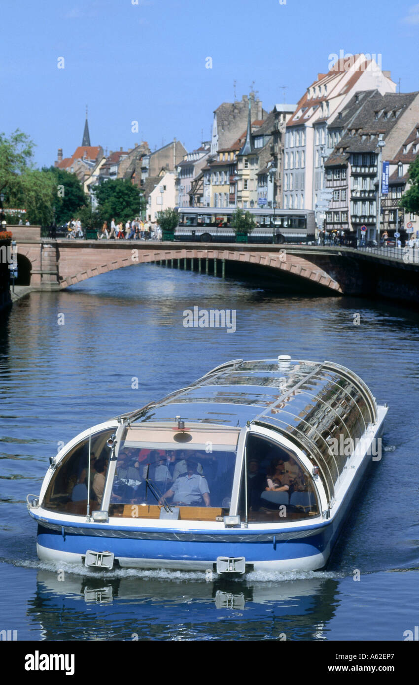 Passenger boat in canal waters, Alsace, Strasbourg, France Stock Photo ...