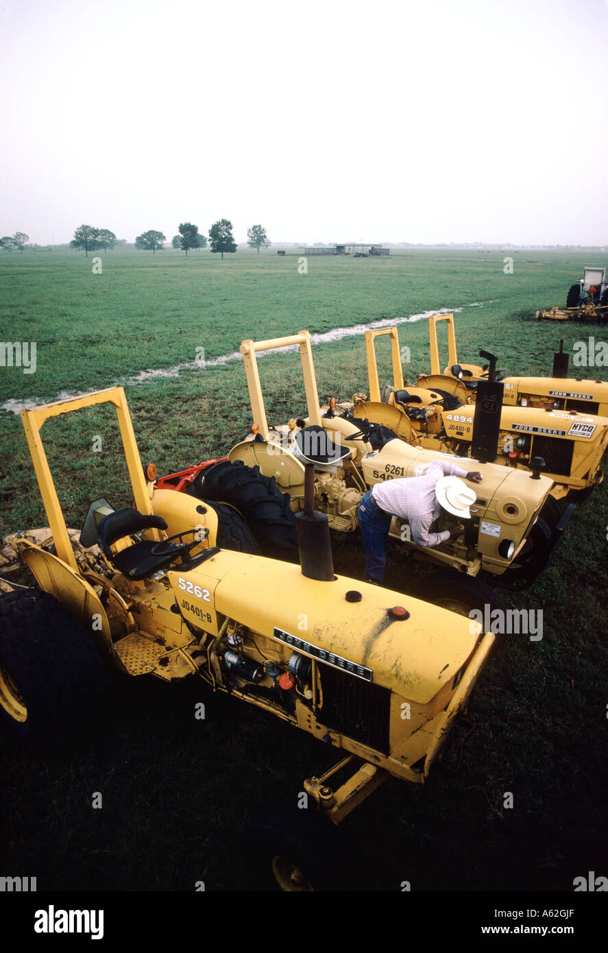 On a cattle ranch outside of Austin, Texas, a ranch hand works on one ...