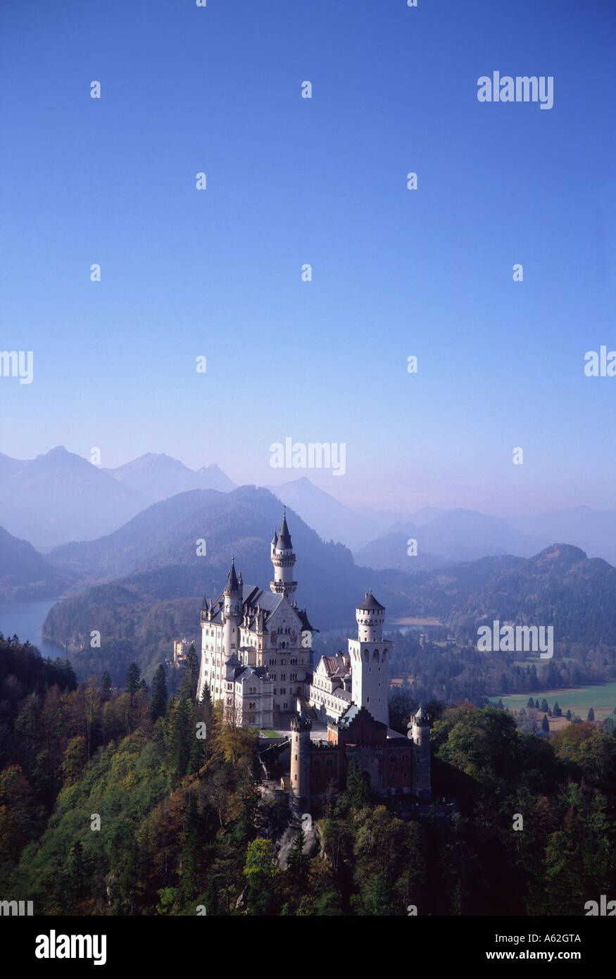 High angle view of castle, Neuschwanstein Castle, Alps mountain range ...
