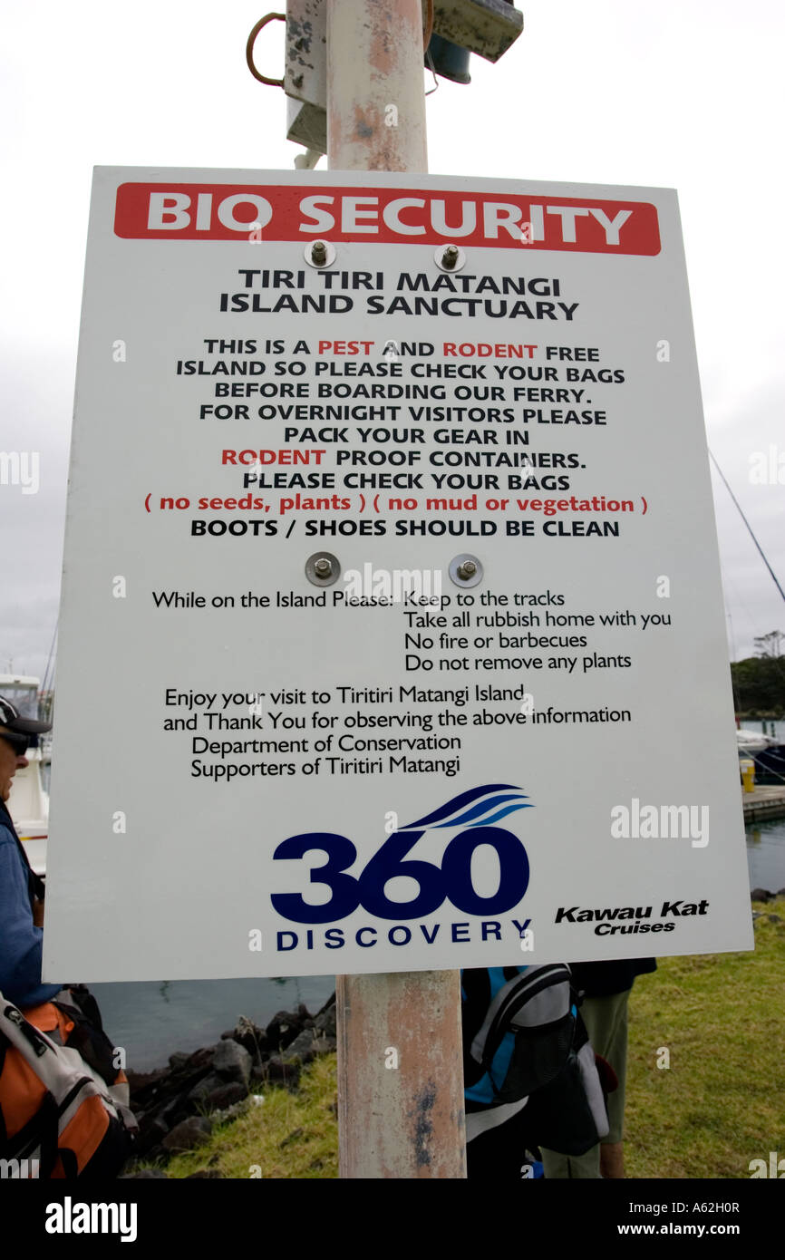 Biosecurity warning notice near embarkation point for Tiritiri Island ...