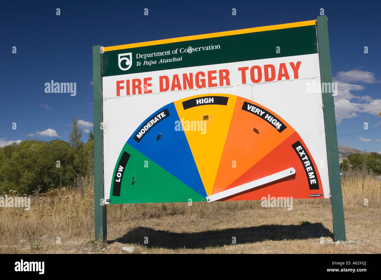 Roadside fire danger warning sign near Queenstown South Island New ...
