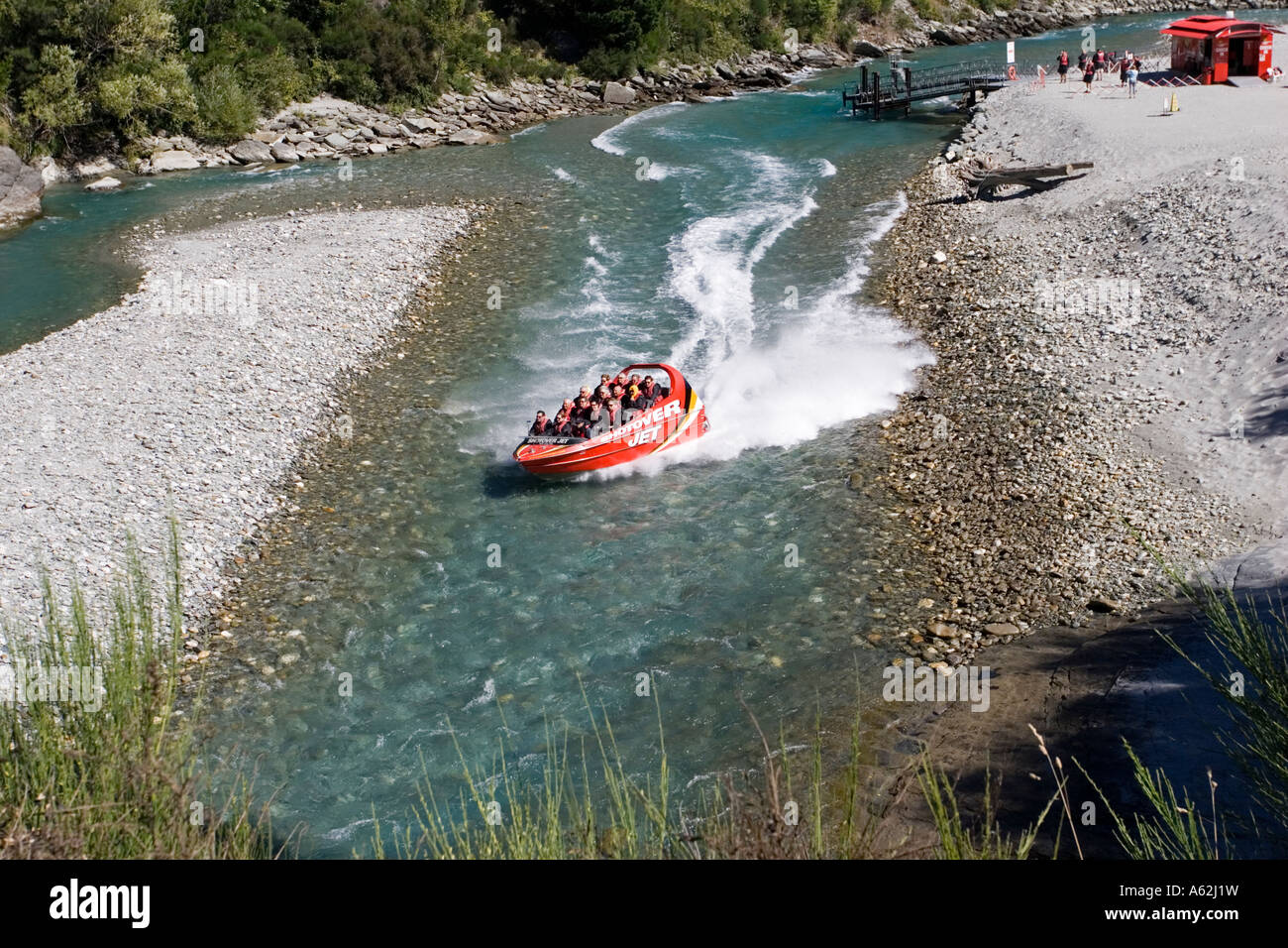 Shotover jet boat skimming through Shotover canyon near Queenstown New ...