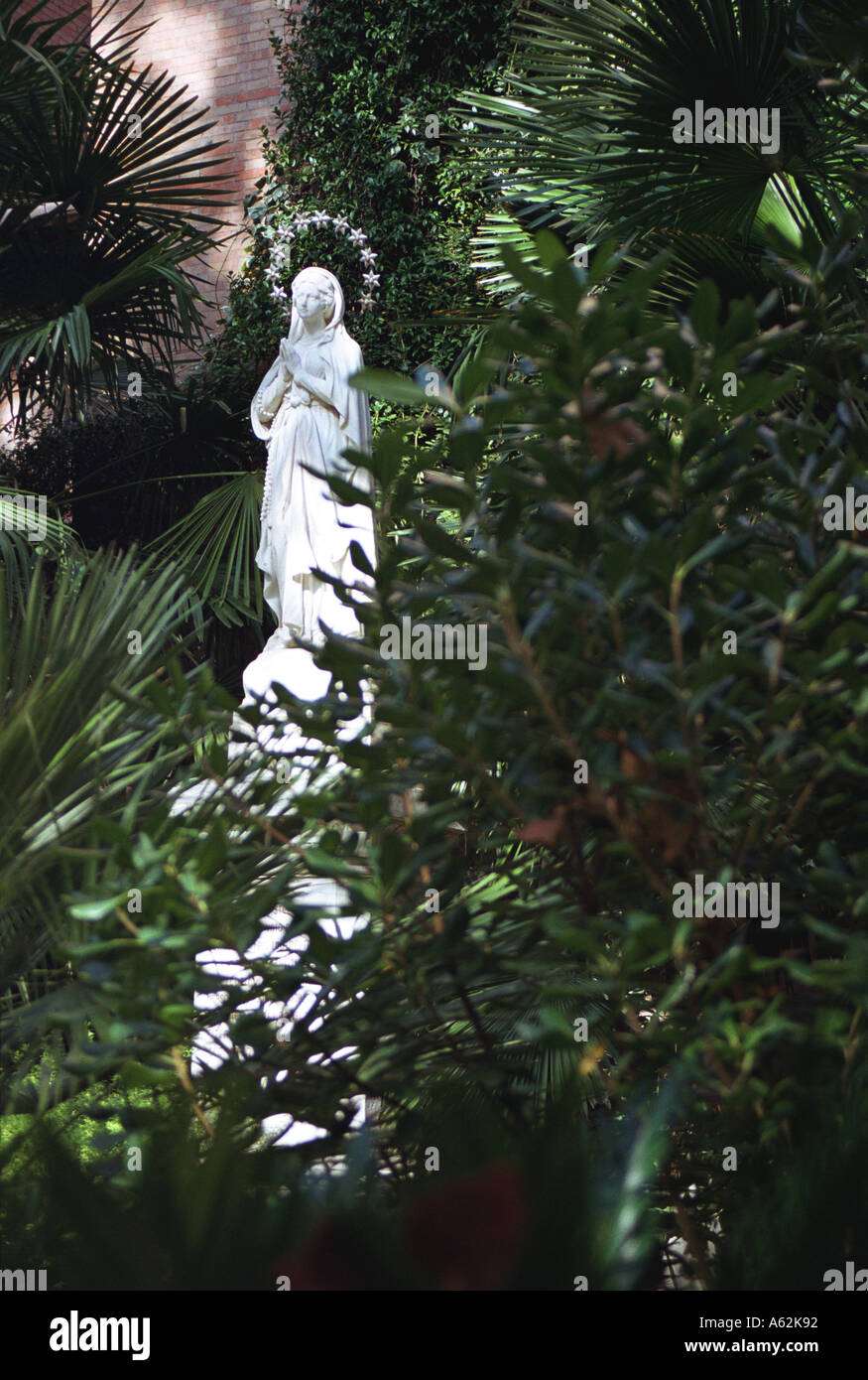 virgin mary statue amongst trees foliage Stock Photo - Alamy