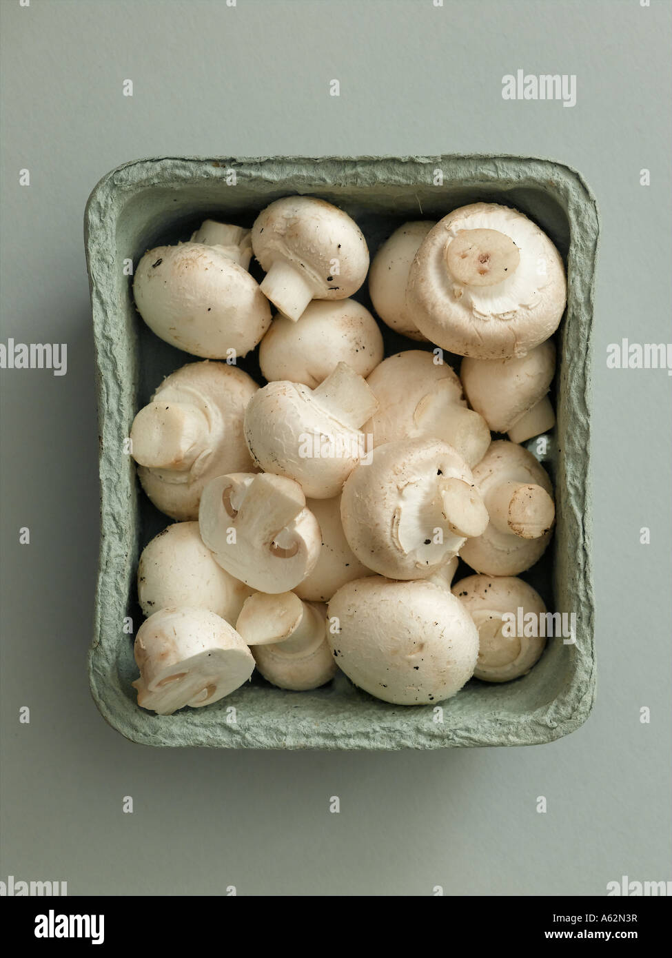 Button mushrooms in biodegradable compostable tray shot with ...