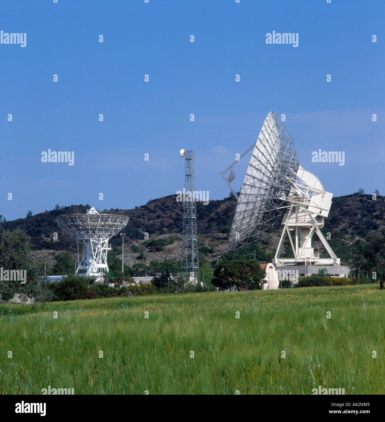 Satellites at station on landscape, Makarios Satellite Earth Station ...