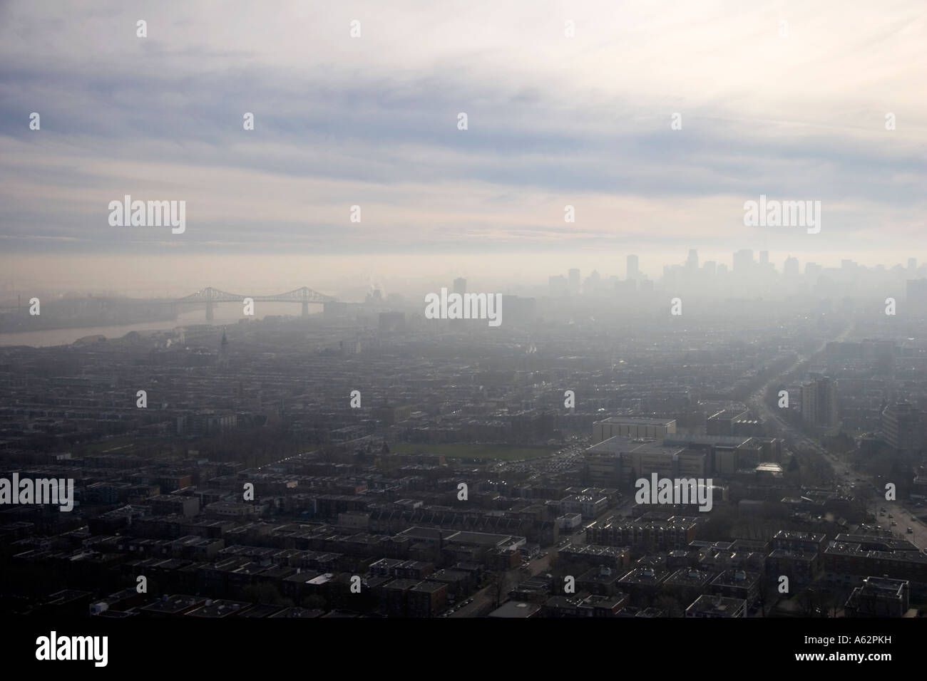 Montreal Canada skyline birds eye view of the city with smog pollution ...