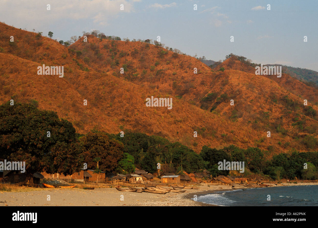 fishing village below Livingstone Mountains Lake Nyasa Matema Beach ...