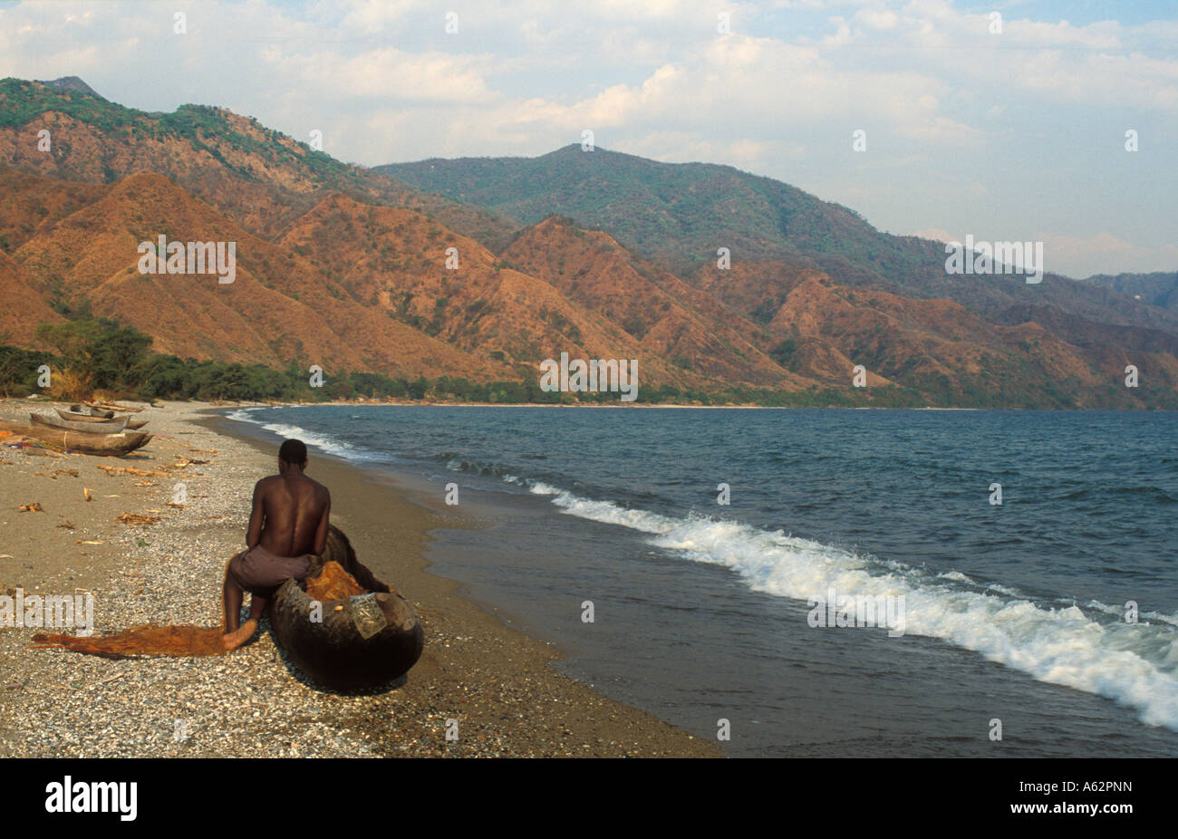 fishing village below Livingstone Mountains Lake Nyasa Matema Beach ...